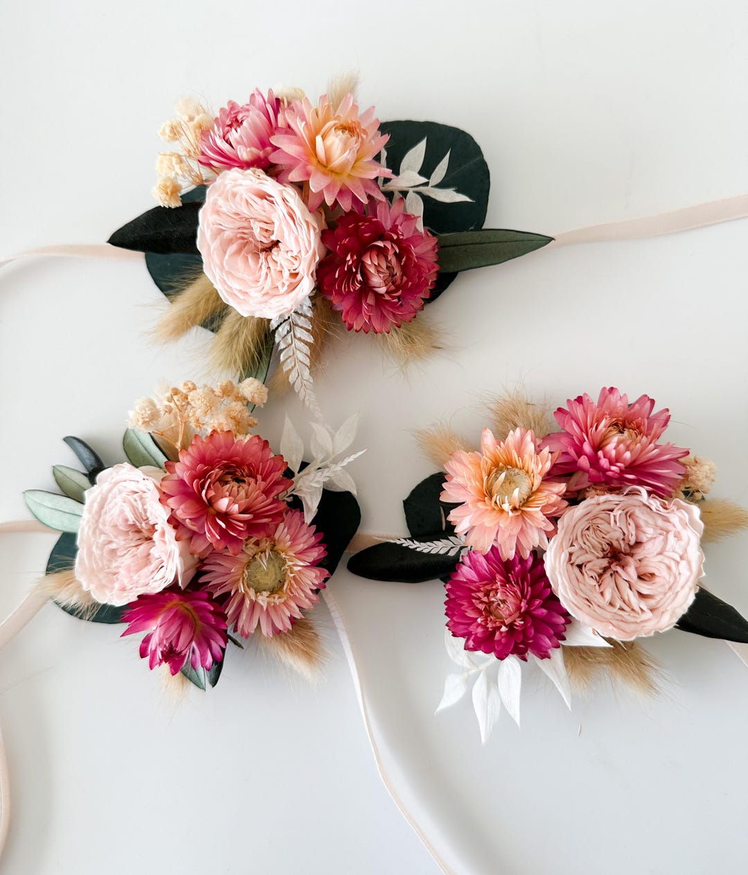 Pink + Blush Strawflower and Garden Rose Corsage/ Wedding Flowers ...