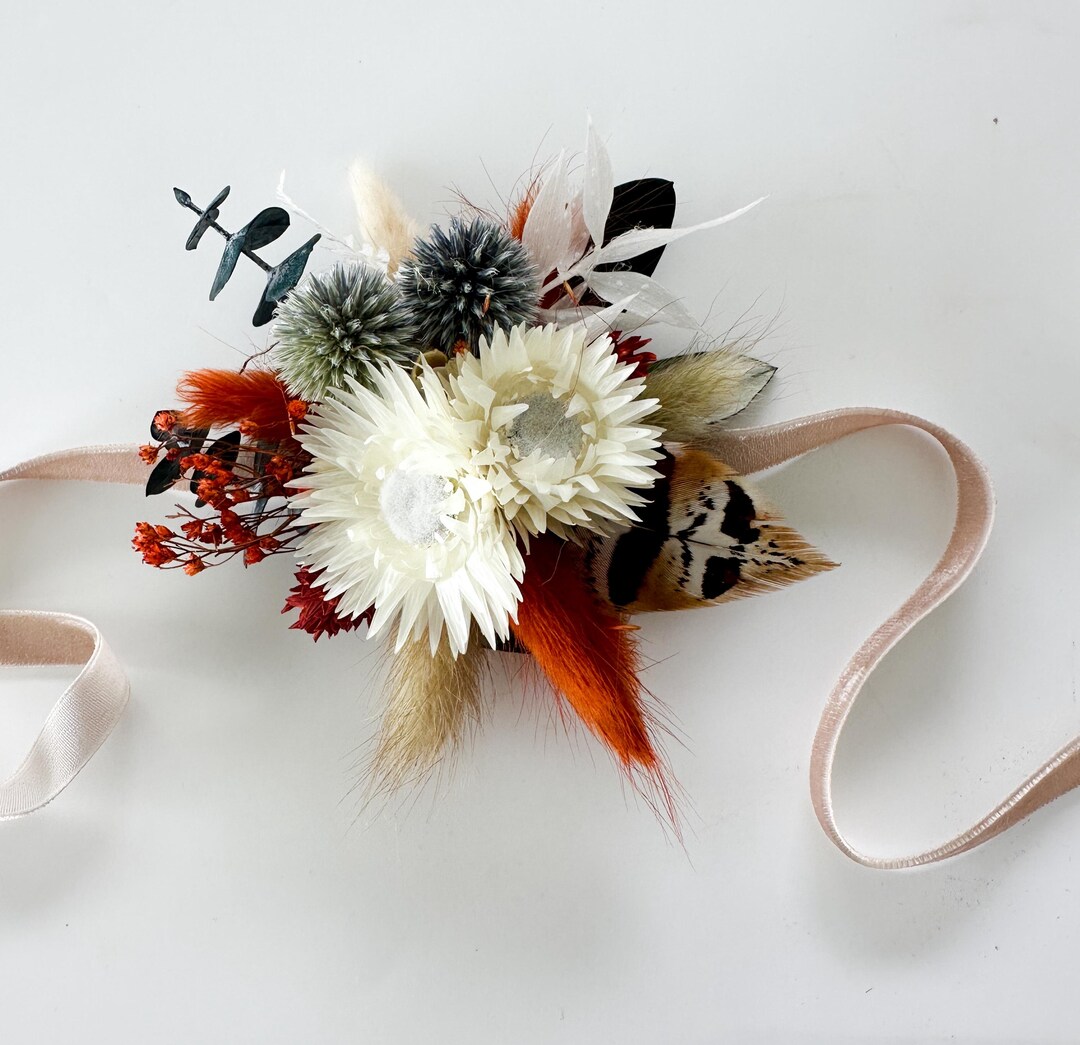 Rust, Terracotta, + Dusty Blue Strawflower Corsage/ Wedding Flowers ...