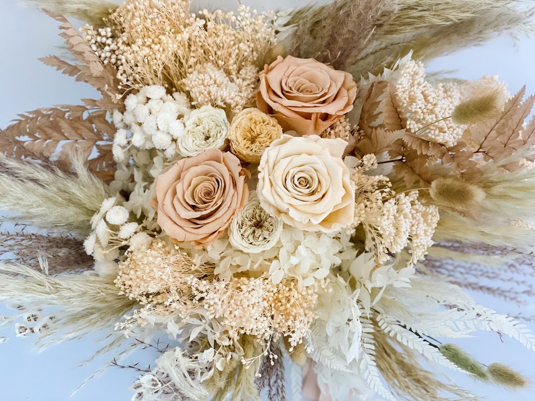 Toffee , Peach + Blush Rose Bouquet/ Bride and Bridesmaids/ Dried ...