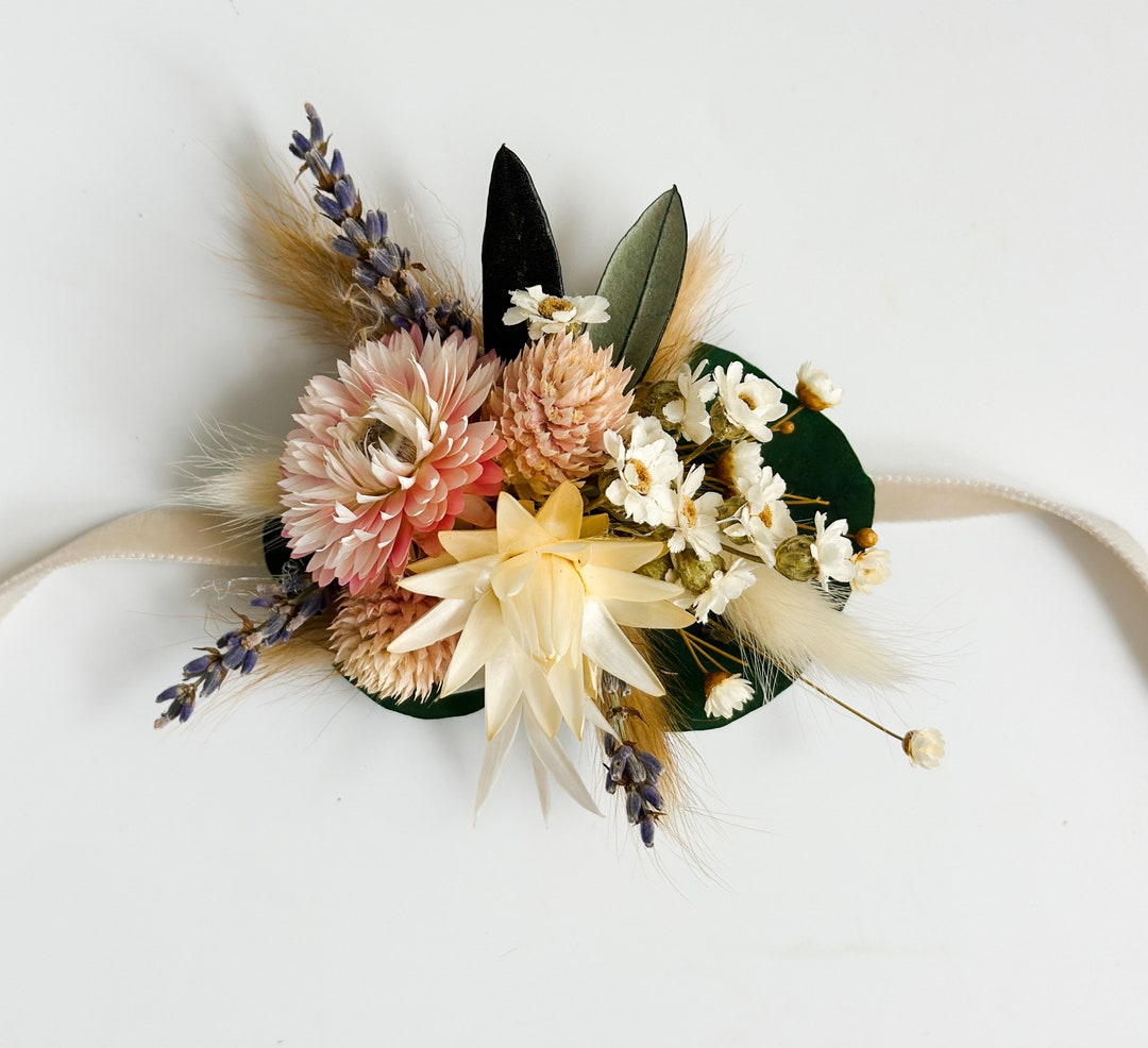 Blush, Cream, Wildflower + Greenery Strawflower Corsage/ Wedding ...