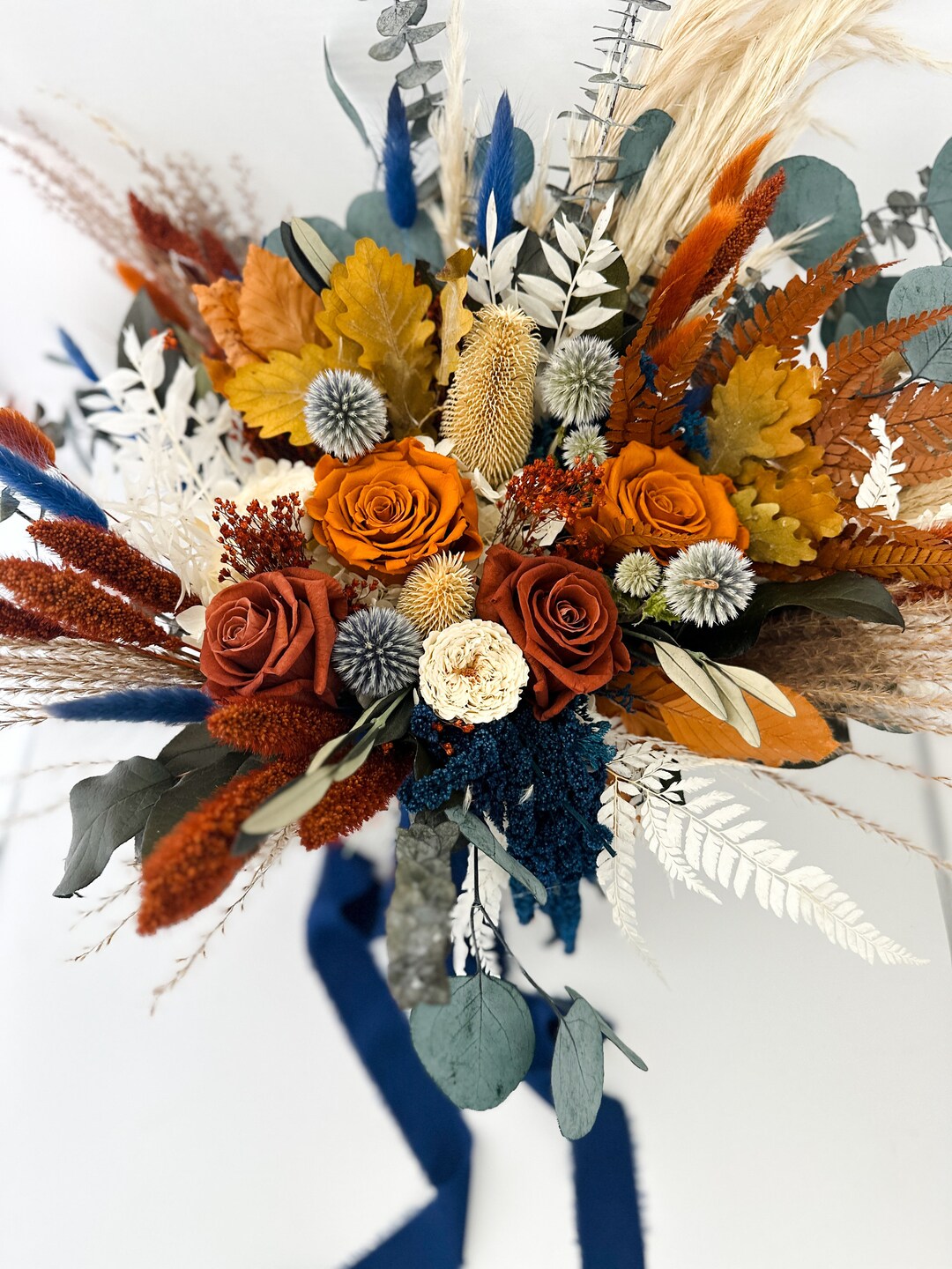 Burnt Orange, Rust + Navy Dried Flower Pampas Grass Bouquet/ Bride and ...
