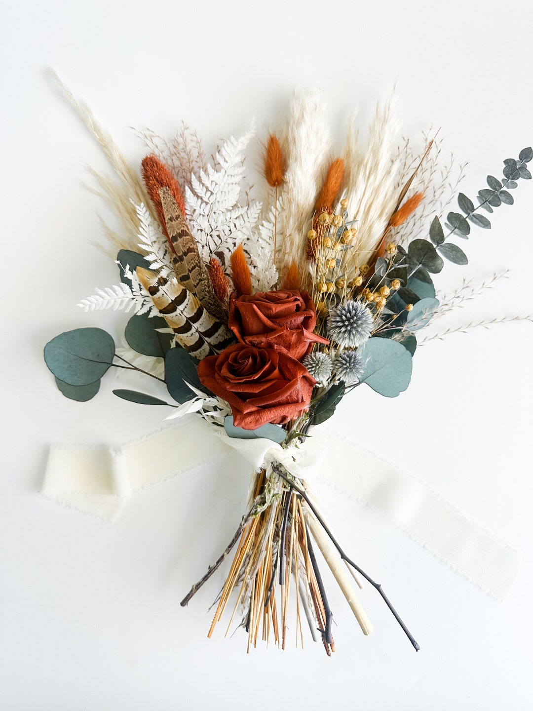Small Rust Rose, Pheasant Feather + Dusty Blue Bouquet/ Bride and ...