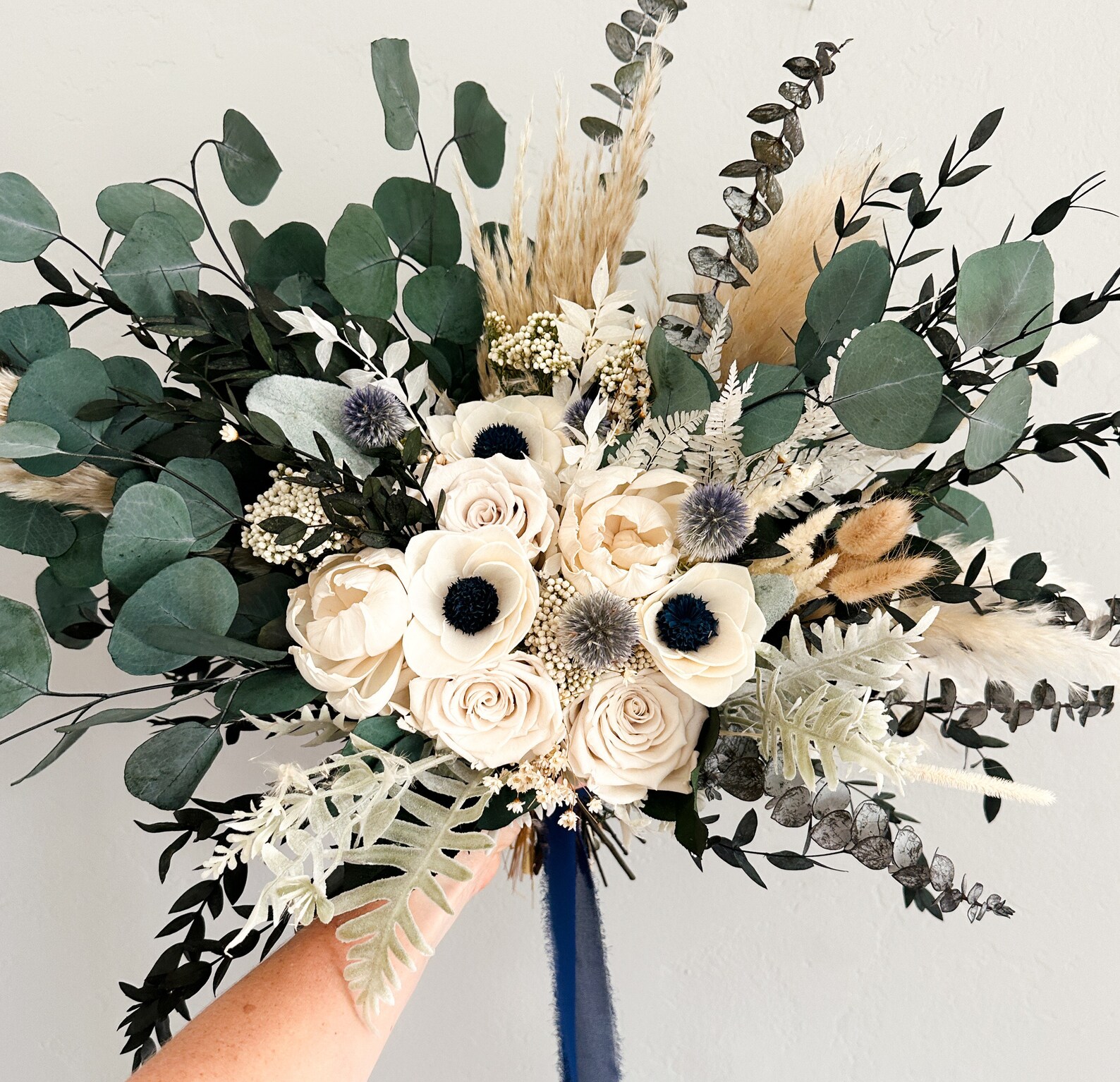 Navy + Dusty Blue Anemone and Peony Dried Floral Bouquet/ Bride and ...