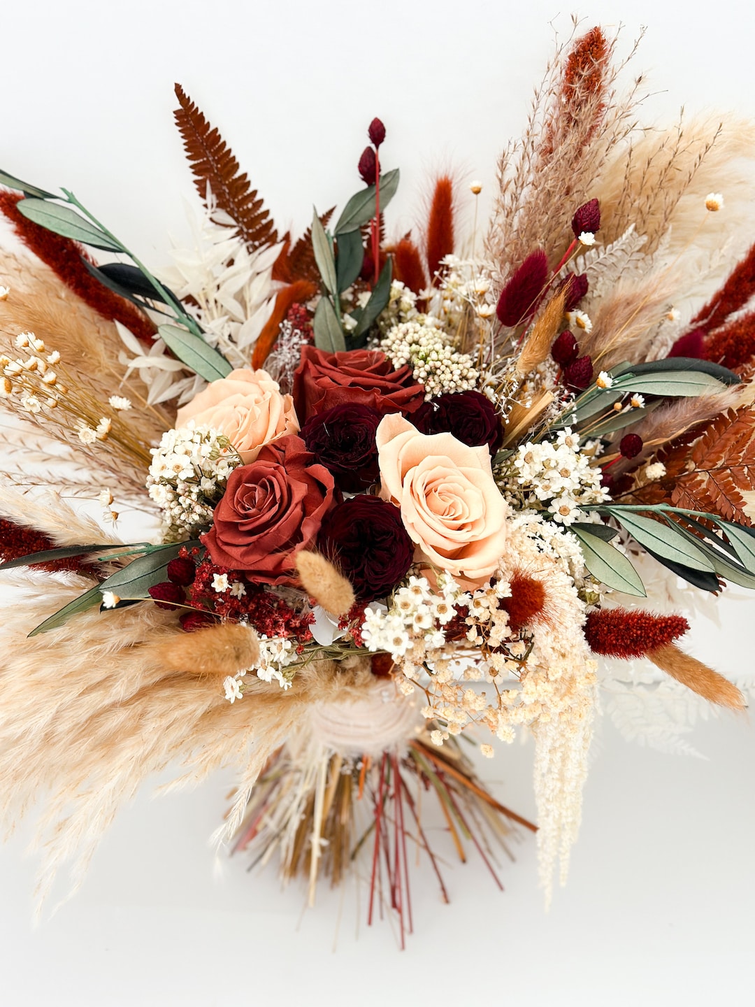 Peach, Rust, Burgundy + Olive Pampas Grass Bouquet/ Bride and ...