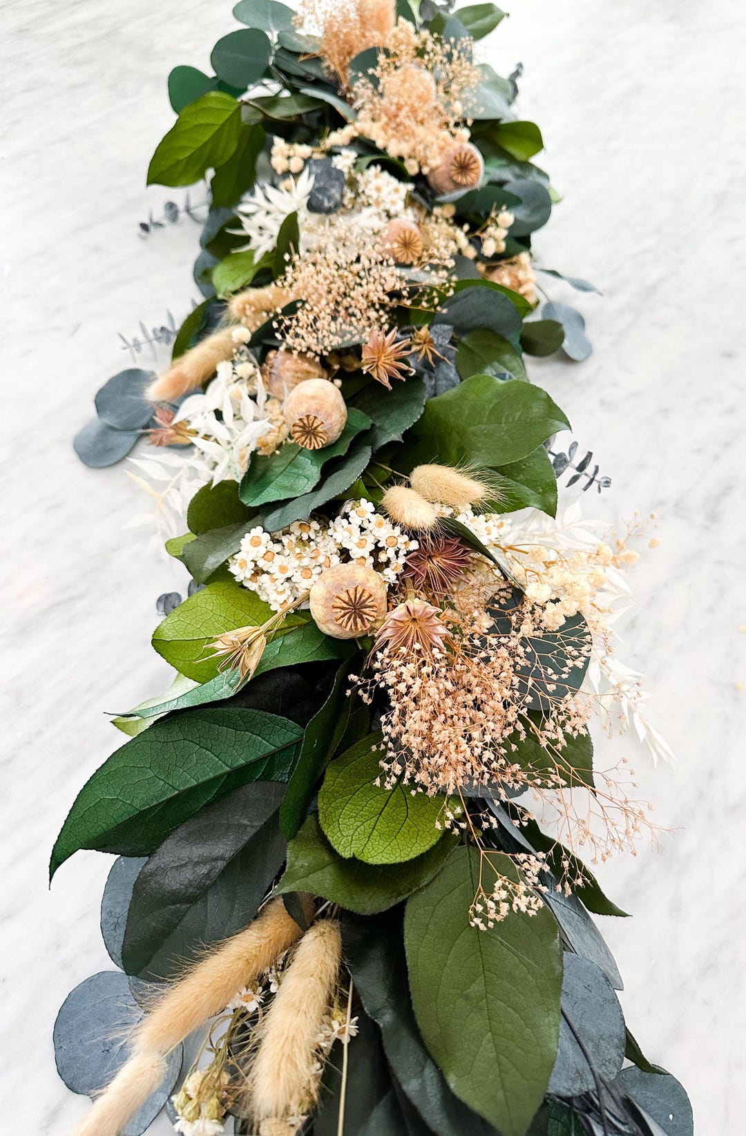 Dried Greenery, Tan and Flower Garland/ Fall Centerpiece/ Mantle Piece ...