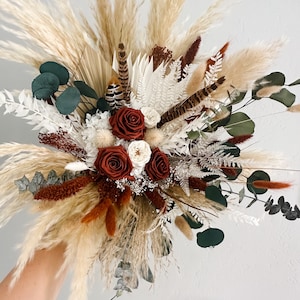 Rust, Greenery, Pheasant Feather Pampas Grass Bouquet/ Bride and ...