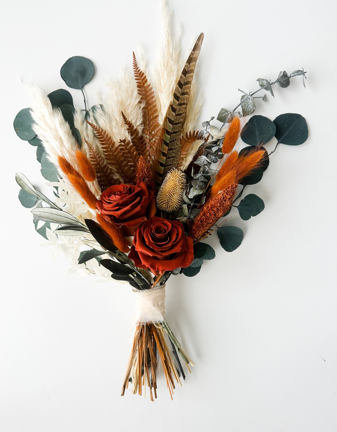 Small Rust, Pheasant Feather + Greenery Pampas Grass Bouquet/ Bride and ...