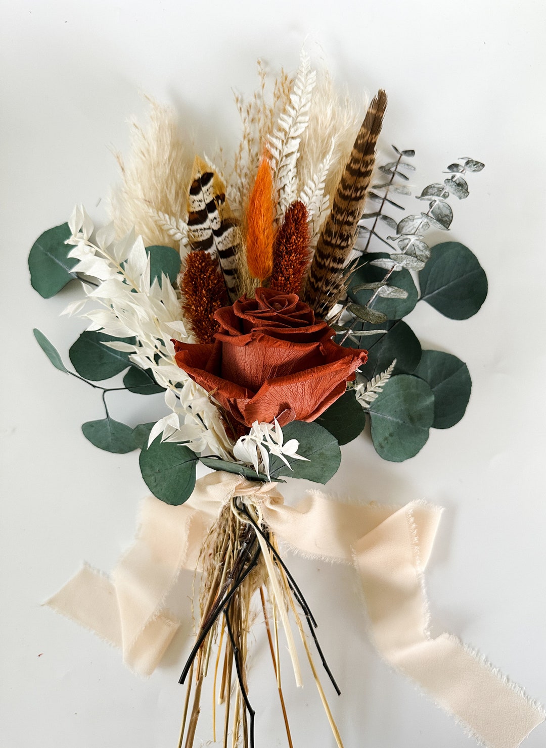 Mini Rust Rose, Pheasant Feather, Eucalyptus + Pampas Grass Bouquet ...