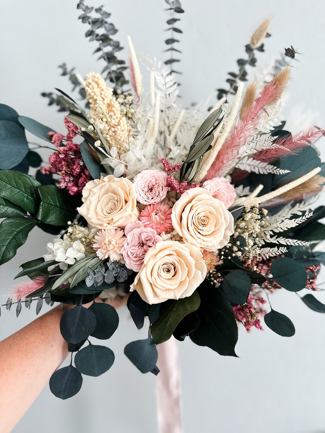 Blush Rose + Strawflower Everlasting Bouquet/ Bride and Bridesmaids ...