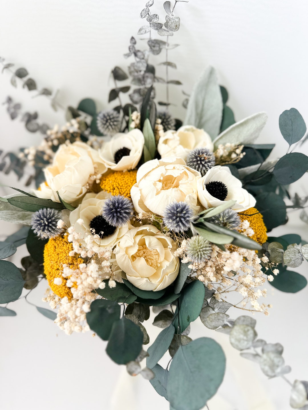 Dusty Blue, Mustard Yellow, Anemone and Peony Dried Floral Bouquet/ Bride and Bridesmaids/ Dried ...