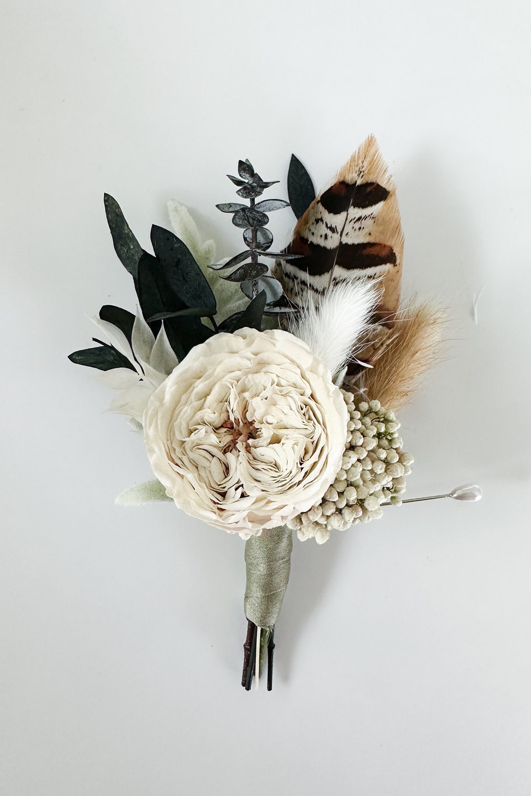 Garden Rose, Greenery, + Pheasant Feather Boutonniere/ Wedding Flowers ...