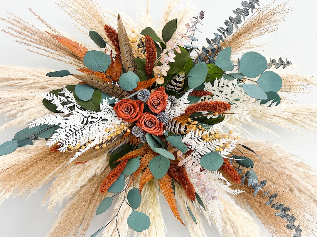 Rust, Dusty Blue, Pheasant Feather + Eucalyptus Dried Flower Arch Wall ...