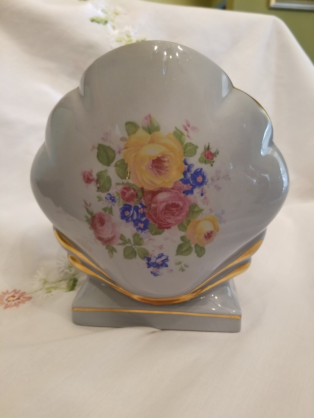 Vintage Blue Clam Shell Vase With Gold Trim and Floral Motif on Each ...