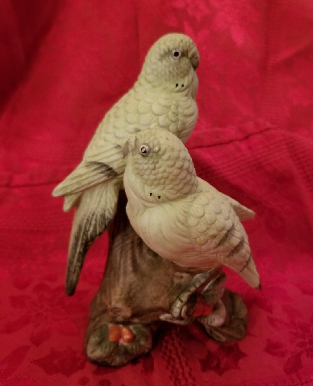 Porcelain Figurine of Two Green Parakeets Sitting on a Branch With Red ...