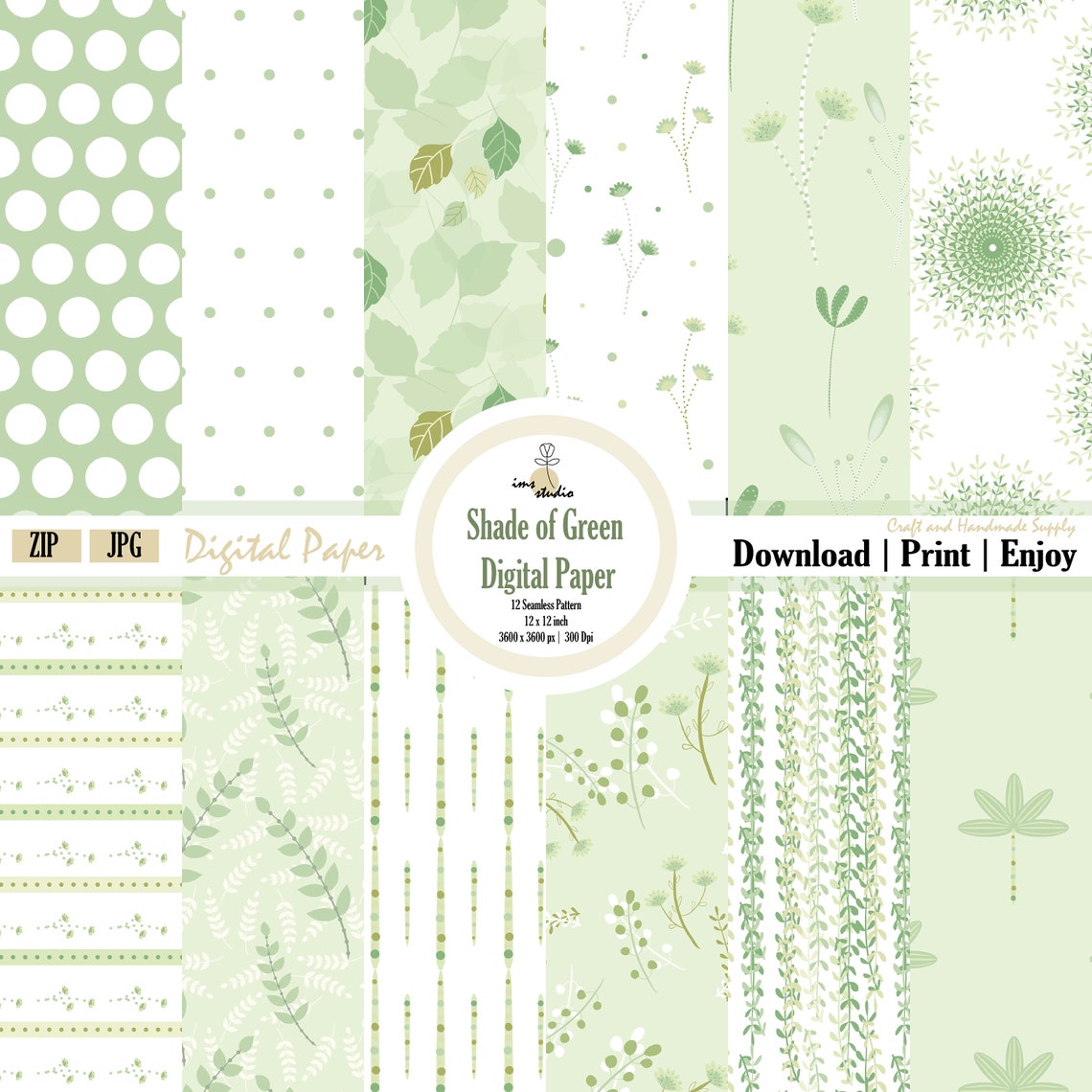 Green Digital Paper for Scrapbook, Printable Paper, Mixing Pattern ...