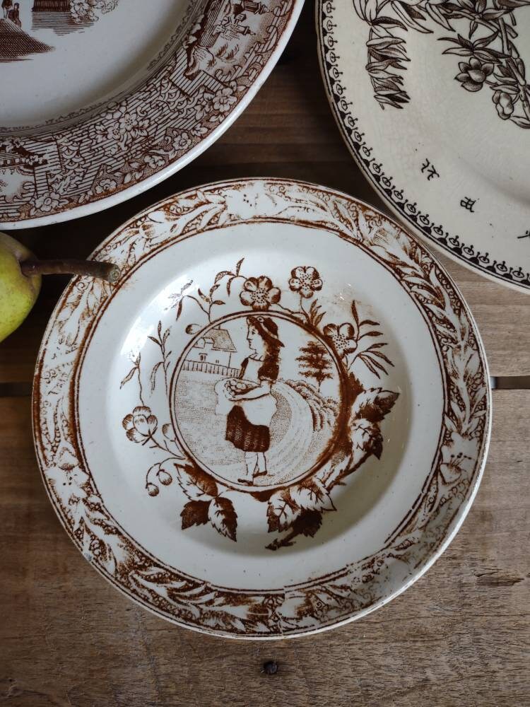 Three Antique Brown Transferware Plates - Etsy