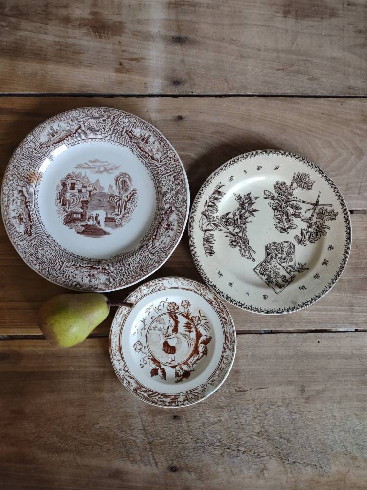 Three Antique Brown Transferware Plates - Etsy