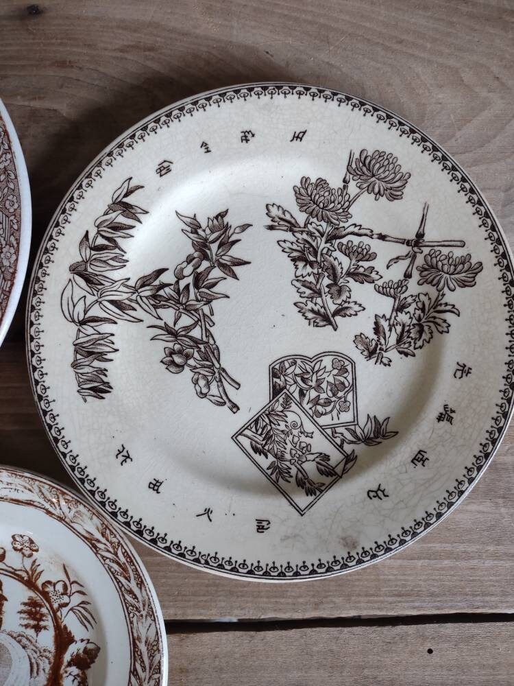 Three Antique Brown Transferware Plates - Etsy