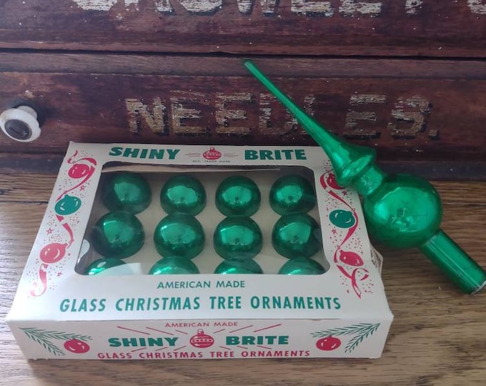 Box of a Dozen Vintage Mini Shiny Brite Green Christmas Ornaments and ...