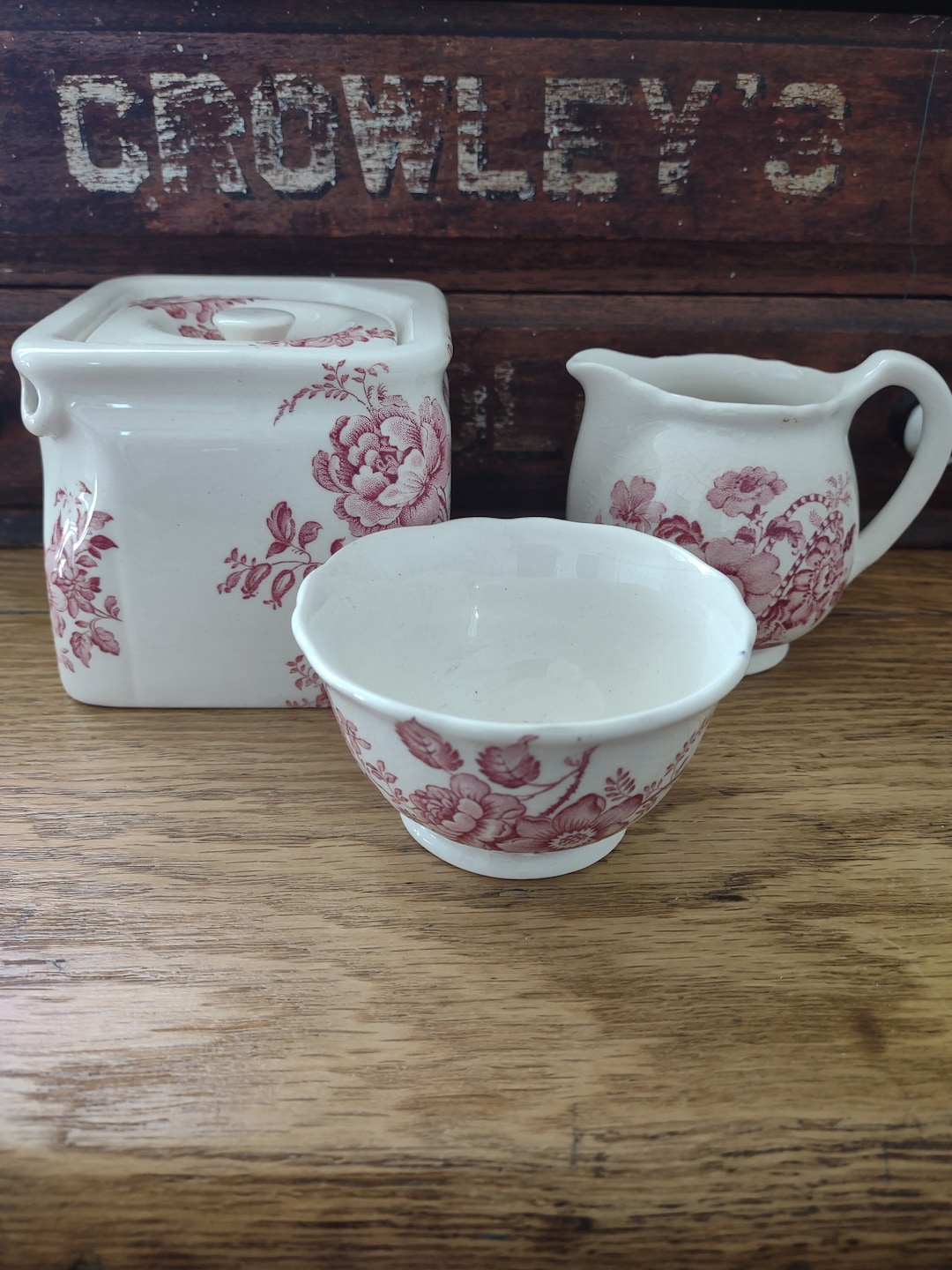 Vintage Pink Transferware Teapot, Creamer, & Sugar Charlotte Royal ...