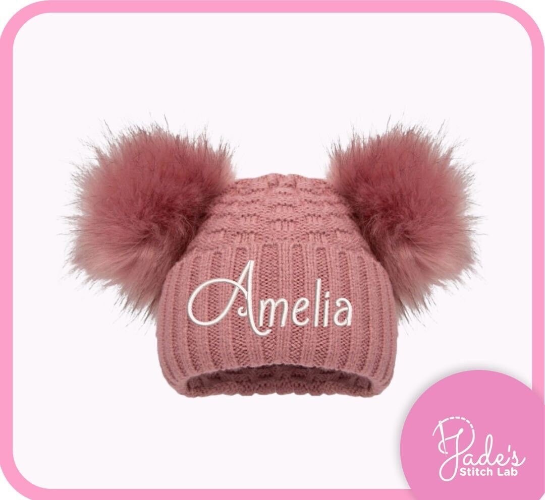 Personalised Baby Girl Double Pom Pom Hat | Knitted Winter Hat | Dusty ...