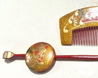 Maiko Geisha Kanzashi Set, Japanese Wood Red Comb & Hair Stick, Gold ...
