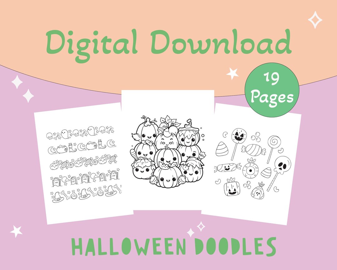 Kawaii Halloween Doodles Coloring Pages for Kids and Adults, Kawaii ...