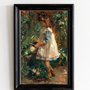 Vintage Girl in Garden Painting: Rustic Farmhouse Spring Art Digital ...