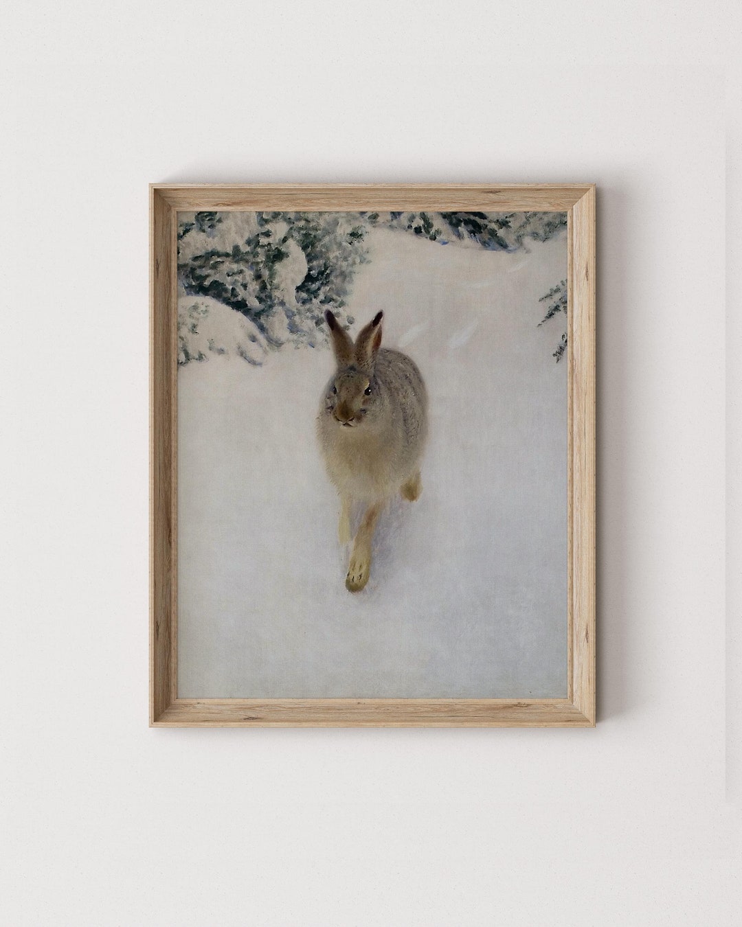 Winter Rabbit Painting Forest Art Rustic Christmas Landscape Print ...