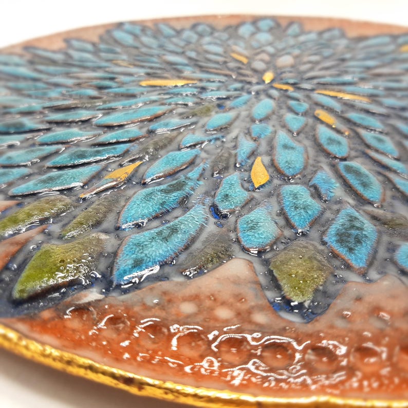 Large Handmade Ceramic Plate Turquoise Blue Flower and 24K Gold | 15 ...