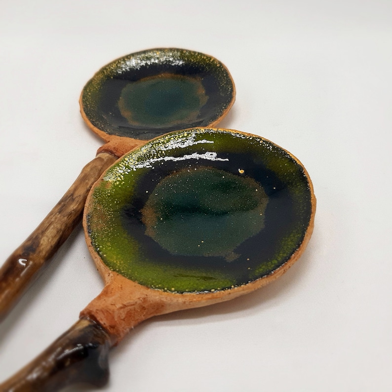 Two Rustic Style Salad Ceramic Spoons in Dark Green With A Turquoise ...