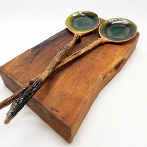 Two Rustic Style Salad Ceramic Spoons in Dark Green With A Turquoise ...