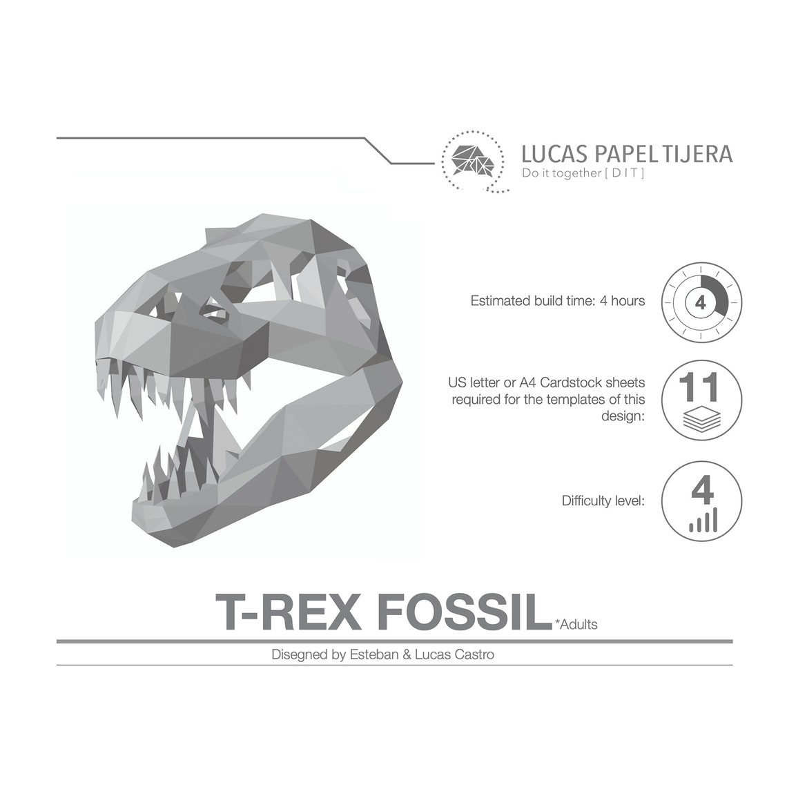 T-Rex paper mask DIY Tyrannosaurus fossil skull Digital | Etsy