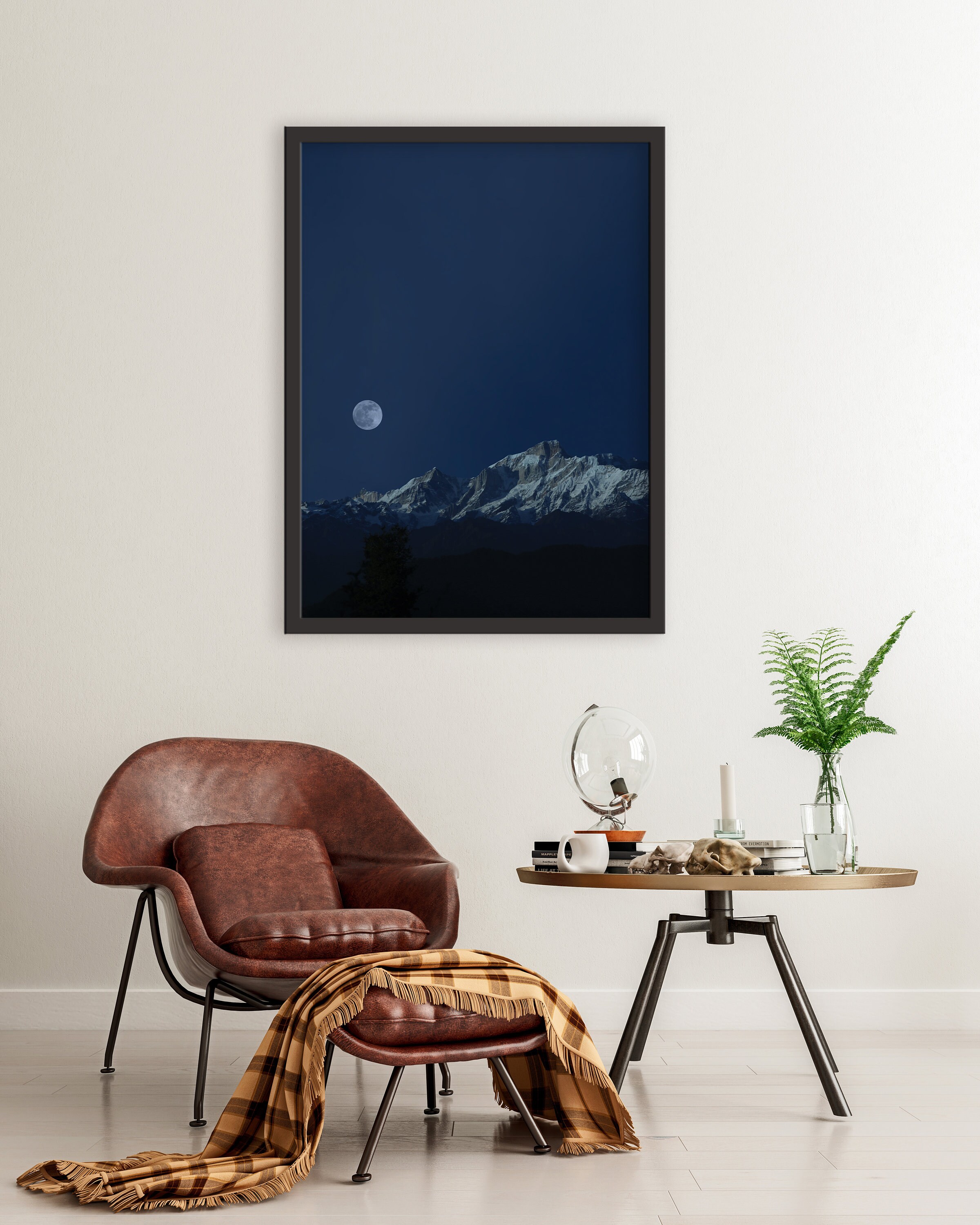 Navy Blue Moon Mountain Printable Wall Art, Mountain Range Art, Boho ...
