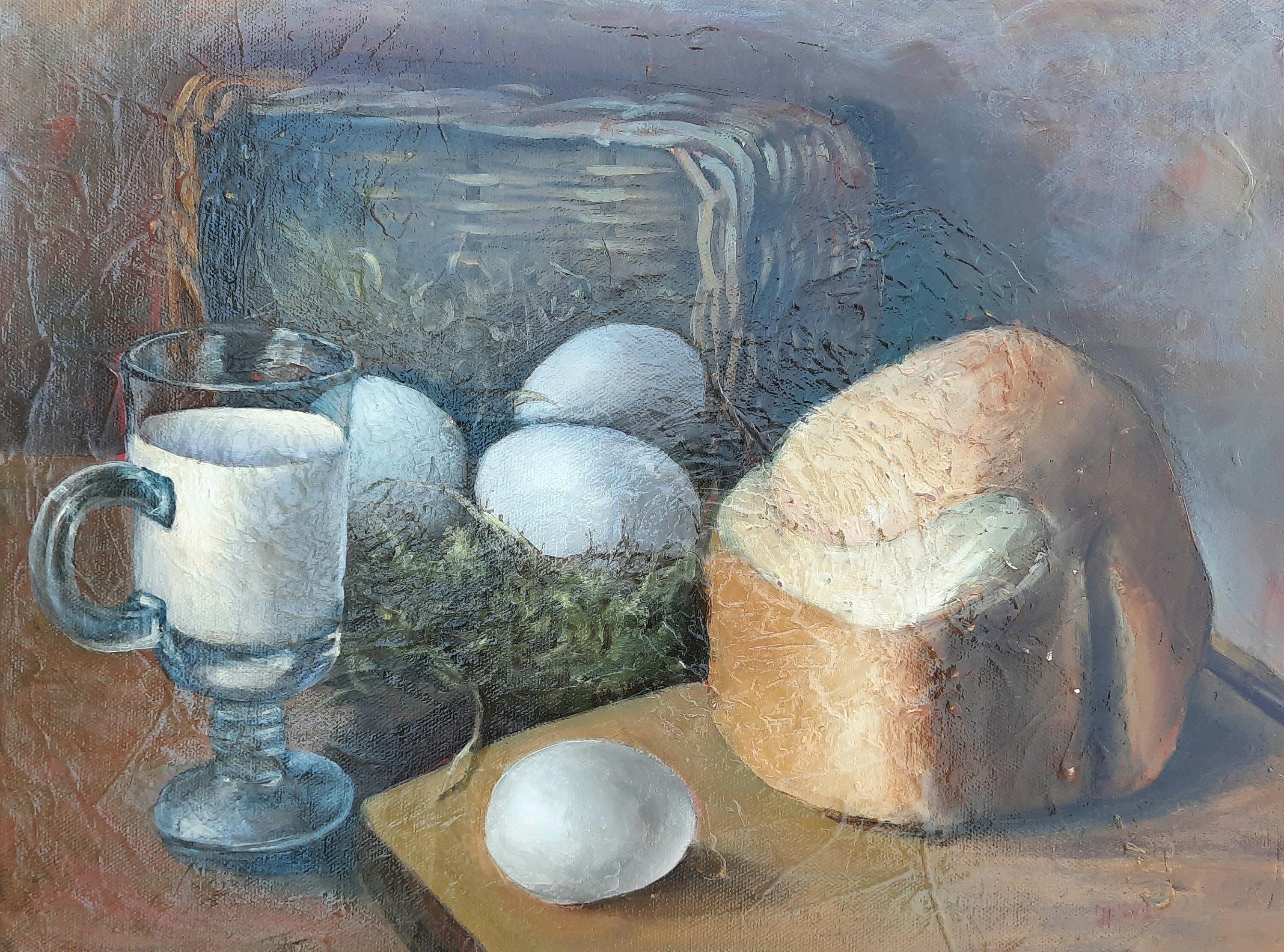 Still Life With Bread, Eggs Milk, Hand Painted Bread on Canvas ...