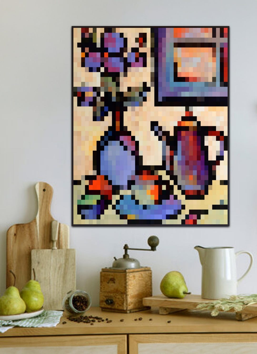 Pixelated Still Life: Teapot, Flowers, and Treats, Print From Original ...