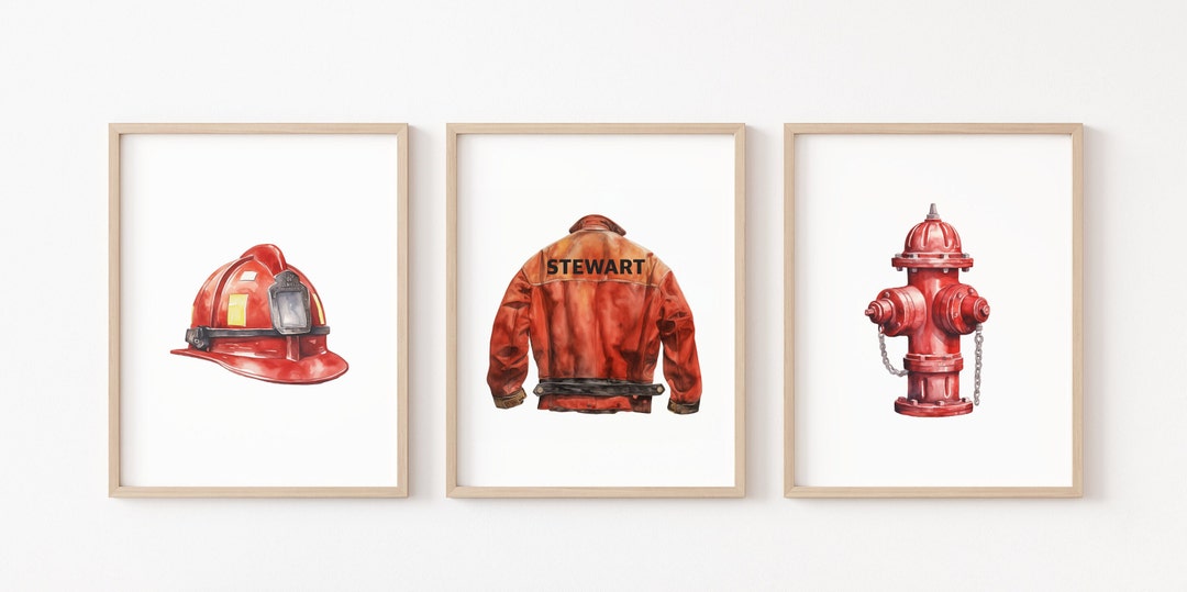Watercolor Fire Fighter Nursery Art Prints, Personalized Fireman Wall ...