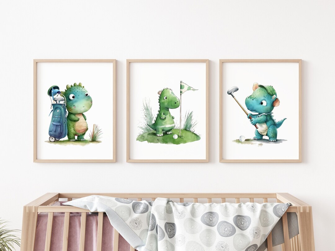 Watercolor Nursery Golf Art Print Set, Dinosaur Golfer Art, Nursery ...
