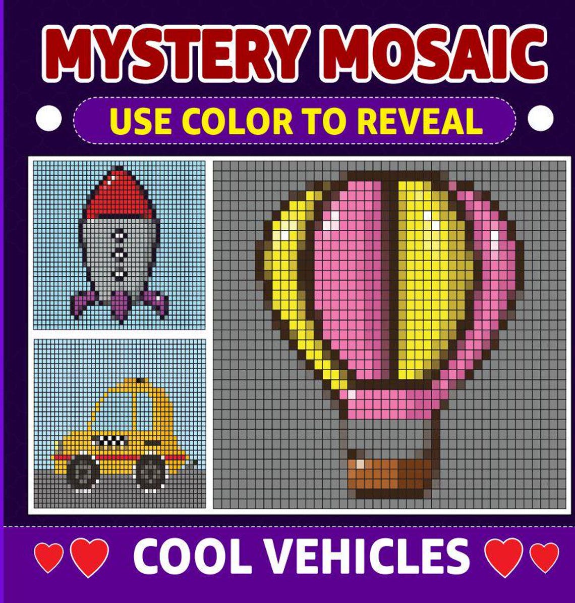 Printable Color by Number 50 Cool Vehicles Mystery Mosaic Book | 50 ...