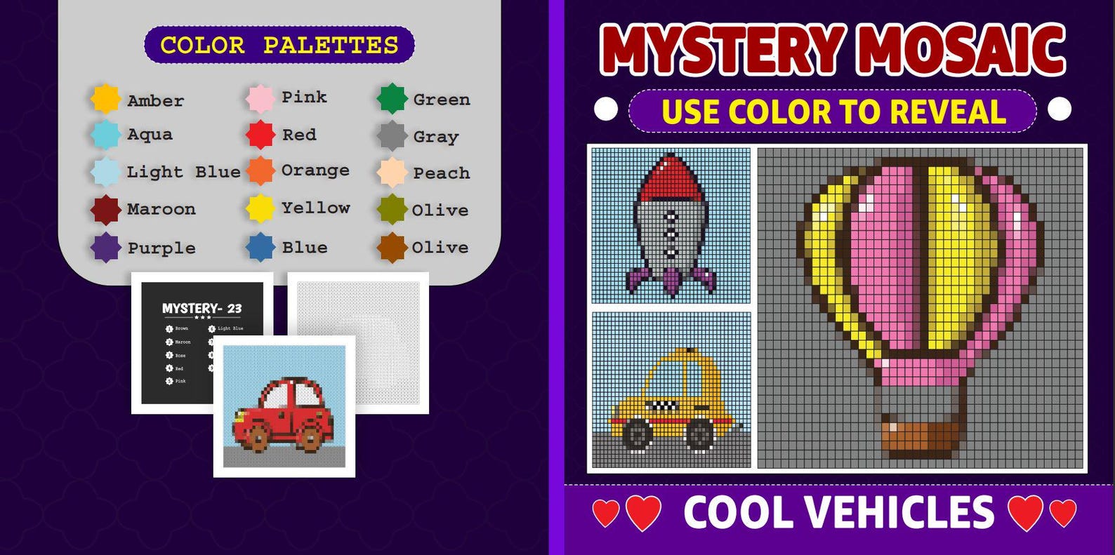 Printable Color by Number 50 Cool Vehicles Mystery Mosaic Book | 50 ...
