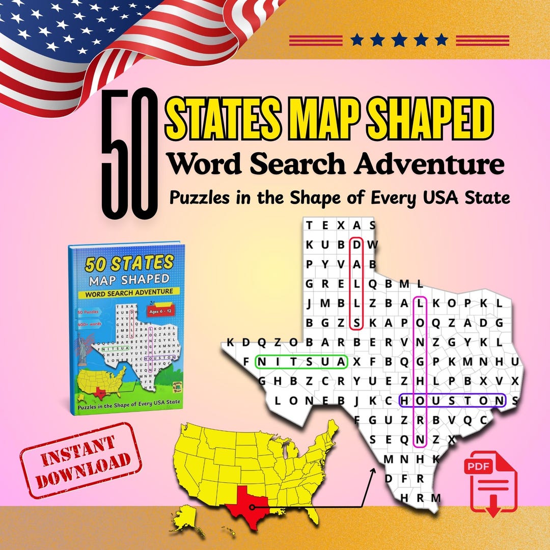 50 States Map Shaped Word Search: Fun Puzzle Book With U.S. Geography ...