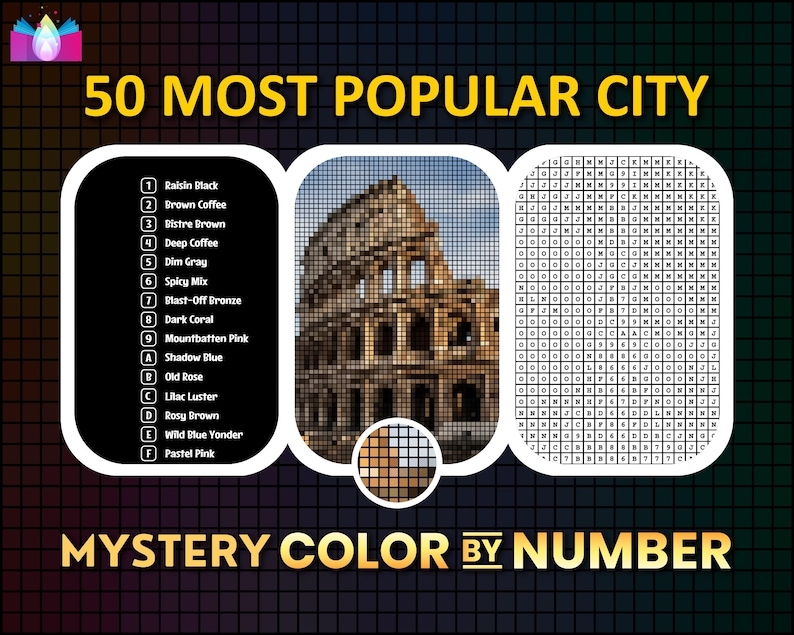 50 Mystery City Color by Number | Pixel Mosaic Coloring Pages | Digital ...