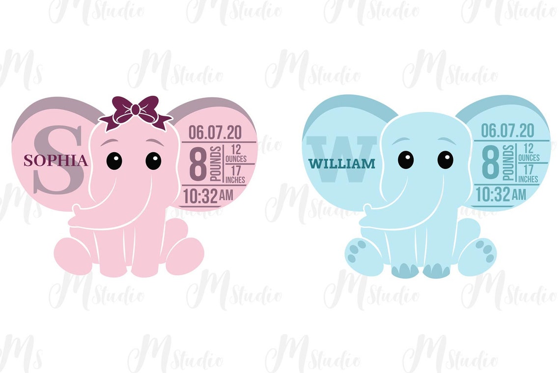 Elephant Birth Stats, Baby Girl Boy Svg, Birth Announcement, Instant ...