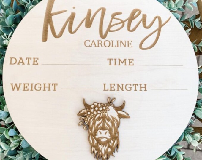 Boho Highland Cow Birth Stat Sign, Cow Birth Stat Sign, Round Wood ...