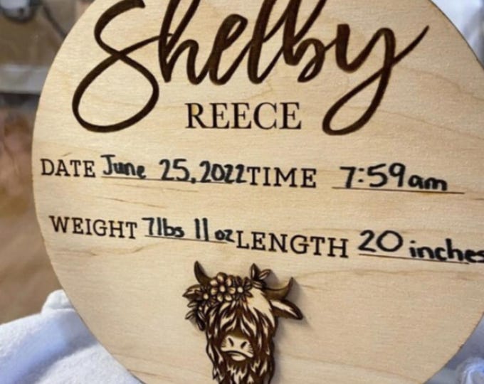 Boho Highland Cow Birth Stat Sign, Cow Birth Stat Sign, Round Wood ...