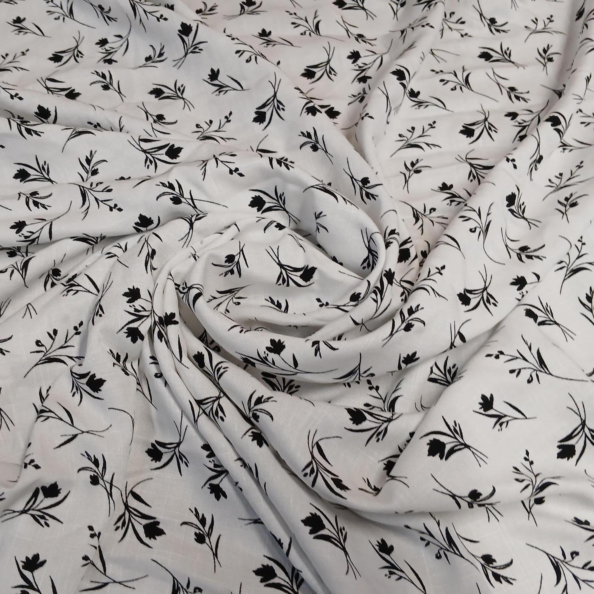 100% Rayon Challis Fabric Black and White Floral Compass Print Soft ...