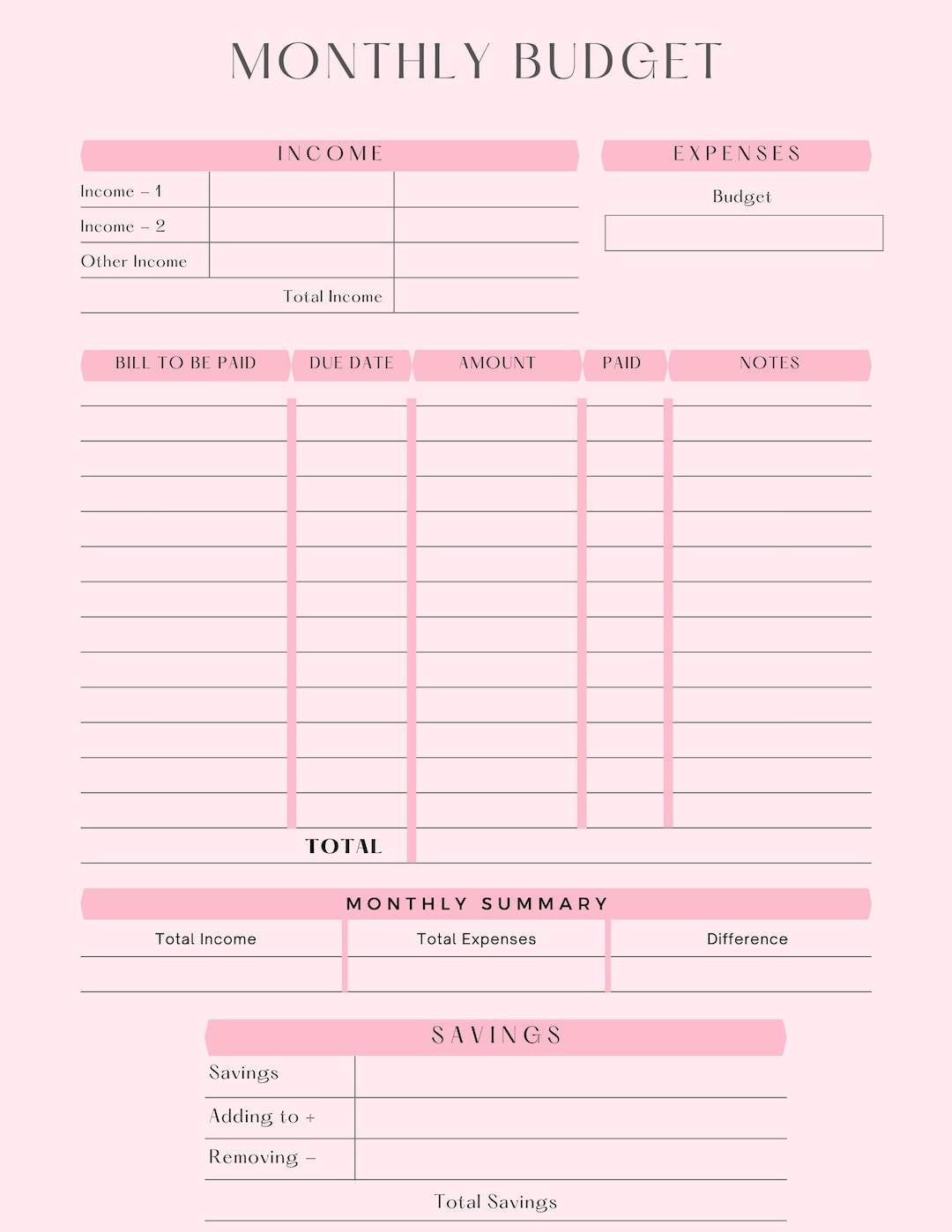 Monthly Budget Planner Printable: Income & Expense Tracker (PDF ...