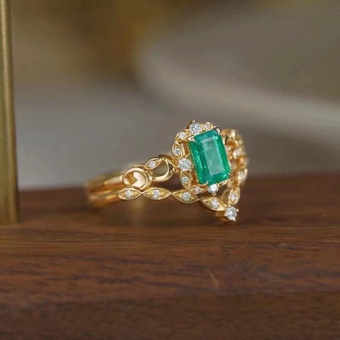 Vintage Green Emerald Engagement Ring Set, Emerald Cut Emerald Bridal ...