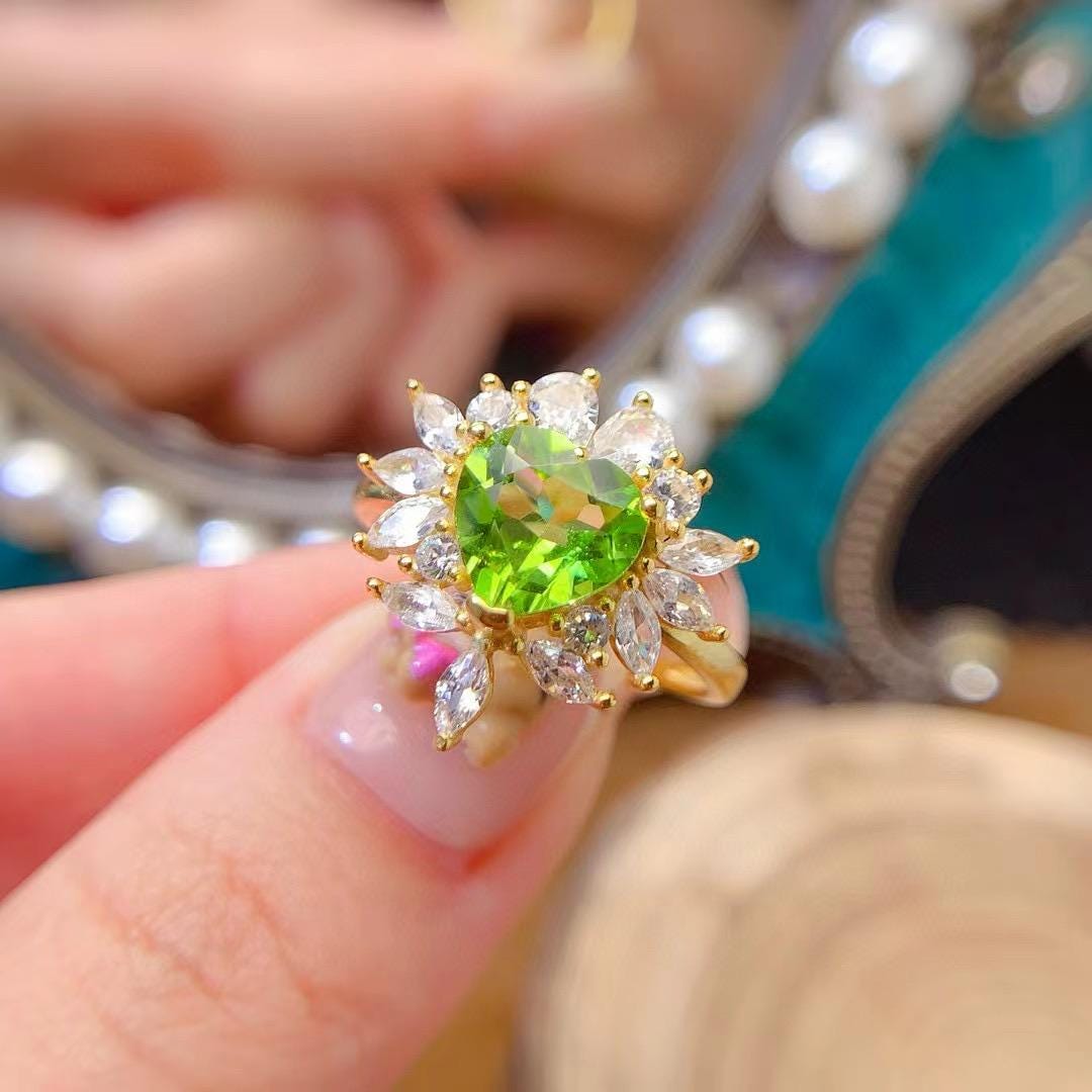 Heart Shaped Peridot Ring, Natural Peridot Engagement Ring, Heart Shape ...