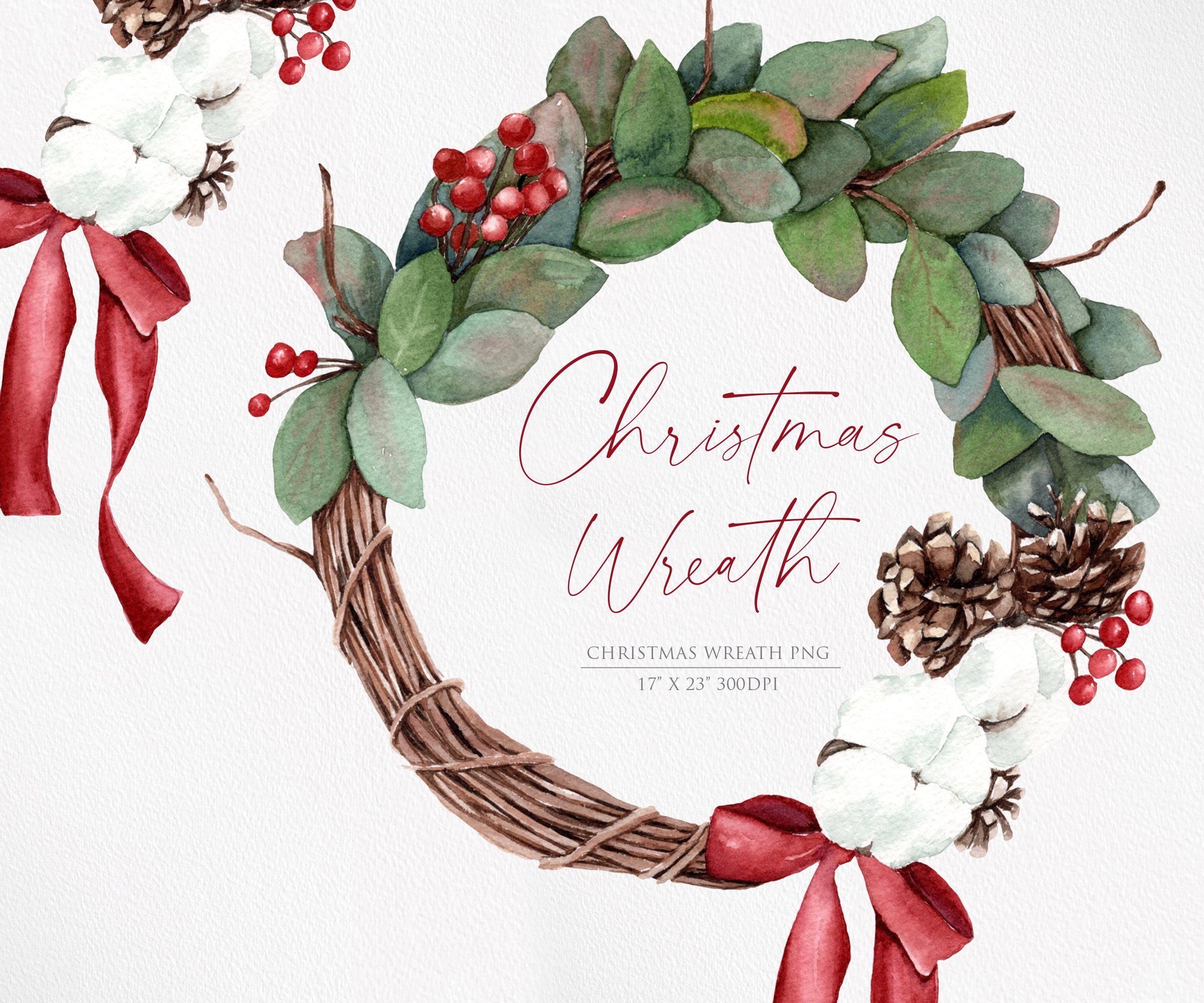 Christmas Wreath Watercolor Clipart Wreath Clipart Leaf - Etsy